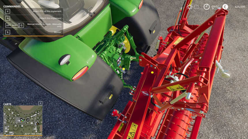 Get off the tractor to hitch the equipment on FS 19