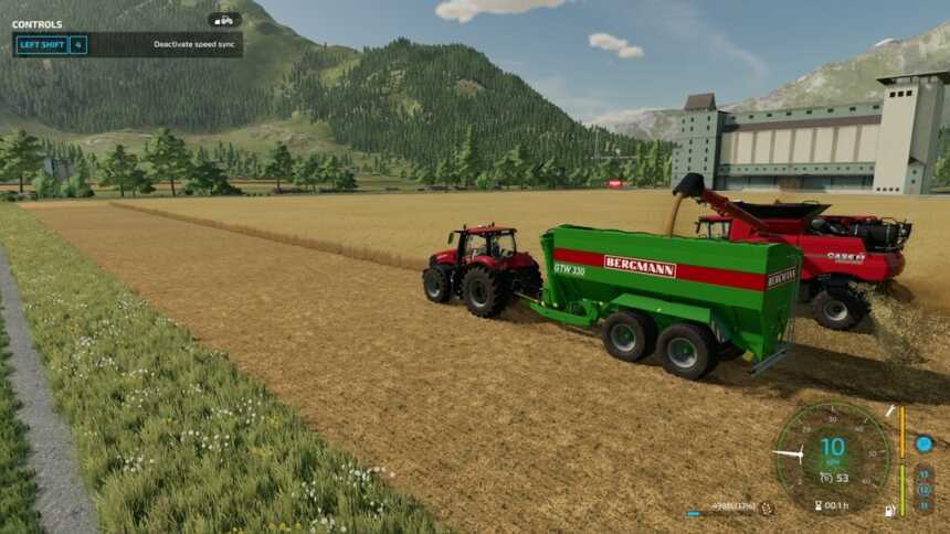 Synchronize the speed of the tractor with that of the thresher in one ...